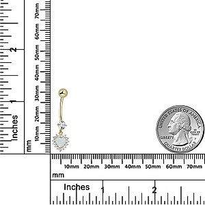 AVORA 10K Yellow Gold Simulated Opal Heart Halo with Simulated Diamond CZ Dangle Belly Button Ring Body Jewelry (14 Gauge) - Size 0