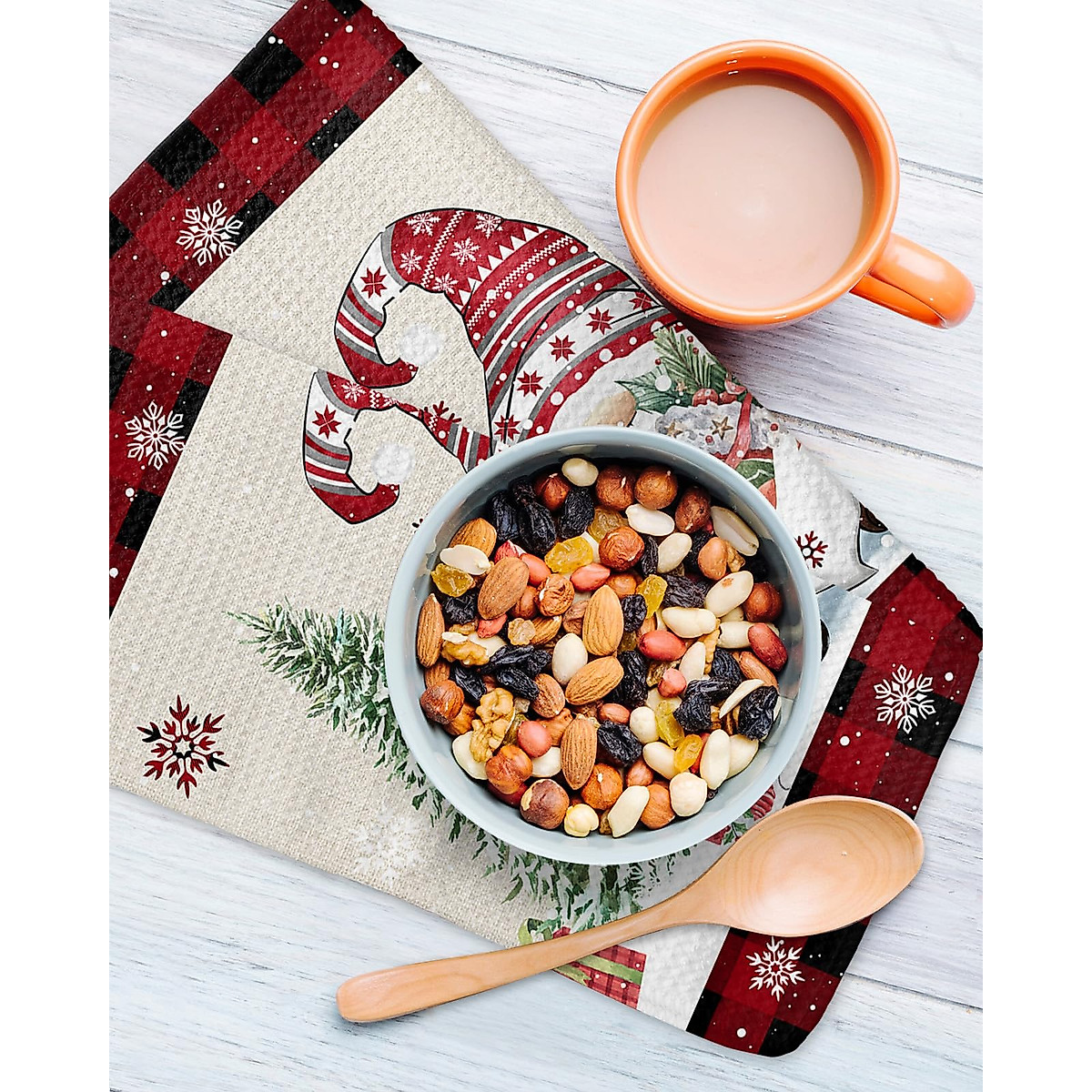 Hokiten Christmas Gnomes Waffle Kitchen Towels Dishcloths, Xmas Tree Winter Snowflake Red Black Plaid Absorbent Dish Towels | Hand Towels for Bathroom/Bar, 12 x 12 Inch, 2 Pcs