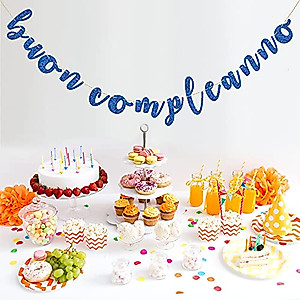 INNORU Buon Compleanno Banner, Italian Happy Birthday Party Decorations, Italian Themed Birthday Party Bunting Garland, Birthday Party Decoration Navy Blue Glitter