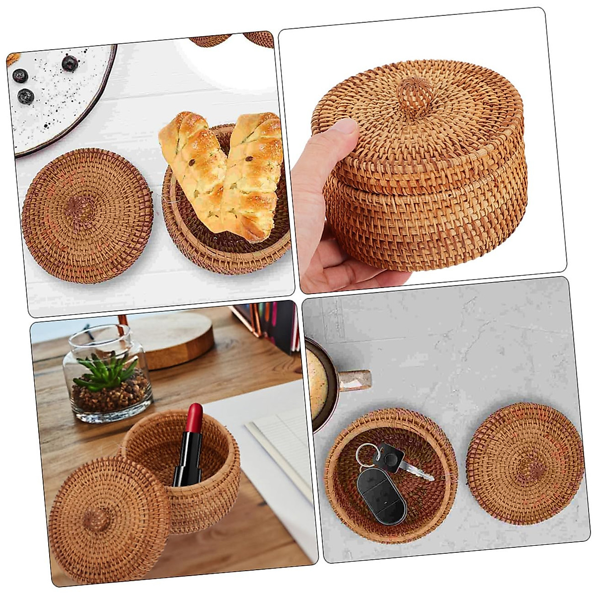 CAXUSD Box Rattan Storage Box Storage Box with Lid Makeup Organizer Case Round Storage Basket Lidded Basket for Storage Woven Storage Bowls Onion Basket Woven Storage Case Rattan Box Tray
