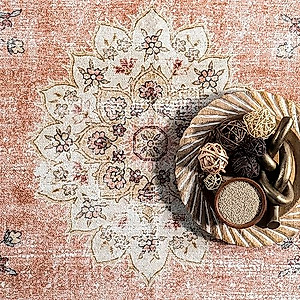 nuLOOM Ren Vintage Floral Machine Washable Ultra Thin Area Rug, 4x6, Peach