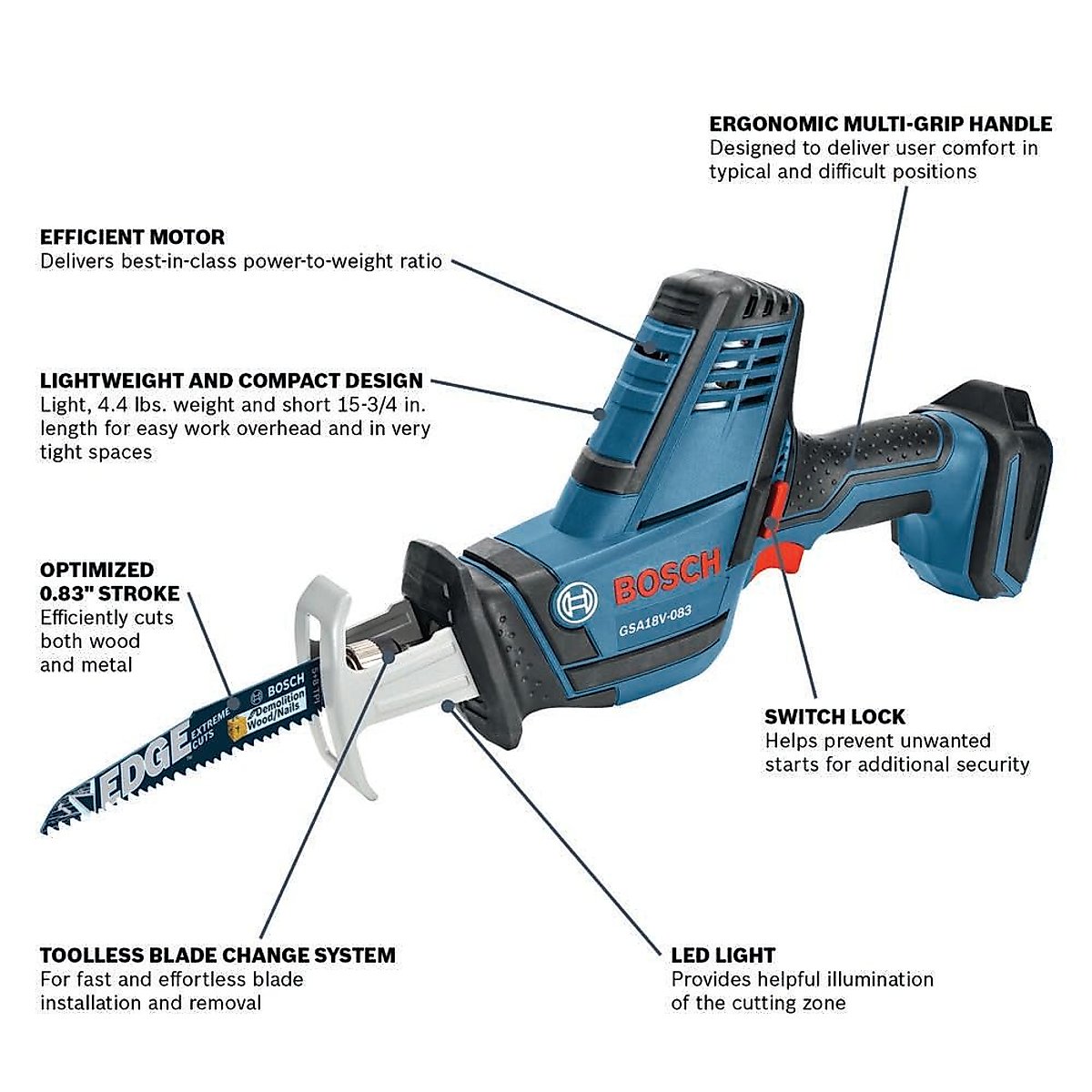 BOSCH GXL18V-496B22 18V 4-Tool Combo Kit with Compact Tough 1/2 In. Drill/Driver, Two-In-One 1/4 In. and 1/2 In. Bit/Socket Impact Driver, Compact Reciprocating Saw, LED Worklight and 2 Ah Batteries