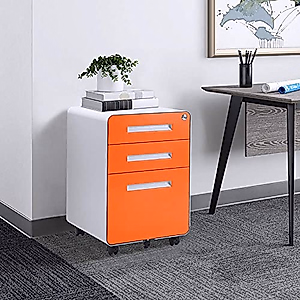 Superday Metal File Cabinet with Wheels and Keys, 3 Drawer Filing Cabinet Pre-Assembled, Mobile Under Desk Storage Cabinet for A4/Letter/Legal, Orange