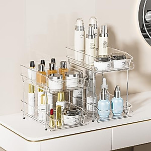 Delamu 2 Sets of 2-Tier Clear Under Sink Organizers and Storage, Multi-Purpose Stackable Bathroom Cabinet organizers, Pull Out Kitchen Pantry Organization and Storage with Dividers