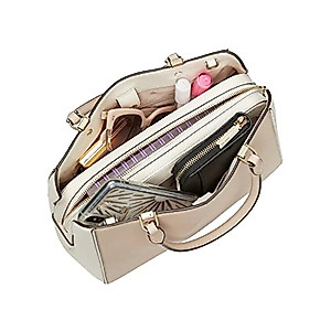 kate spade handbag purse Leila medium triple compartment satchel in leather, Light Sand