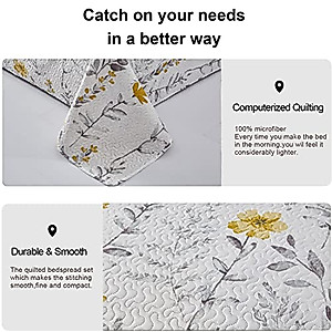 Quilt Set Queen Floral Bedspread Coverlet Queen Floral Quilts Bedding Spring Summer Lightweight Quilts Bedspread Reversible Bedding Grey Leaf Yellow Floral Quilt Collection Bedspread with Pillow Shams