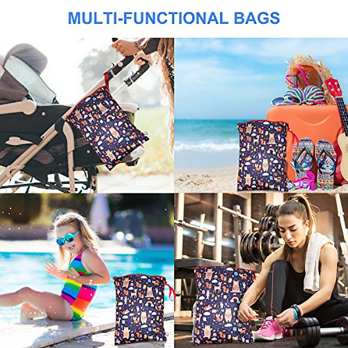 FLOCK THREE Washable and Reusable Wet Bag Diaper Bag Water Resistant Swimming Bag Travel Toiletries Pouch Cute Animals Zippered 12.6'' x 16.5''