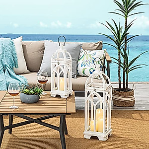 Glitzhome Farmhouse Decorative Lanterns Wooden Candle Lantern Church Window Frame Lanterns for Wedding Mantle Entryway Home Patio Balcony Garden, Pack of 2, Wash White, No Glass