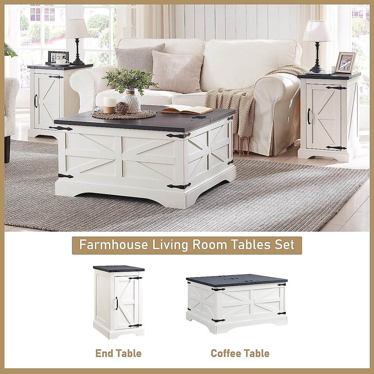 JXQTLINGMU Nightstand with Charging Station, Rectangular Farmhouse End Table with Barn Door and Adjustable Storage Shelf, 17" Deep Wood Rustic Sofa Side Table for Living Room, Bedroom, White