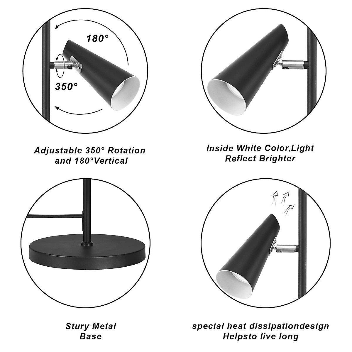 Industrial Floor Lamp,Modern Floor Lamp with 3 LED GU10 Bulbs,Foor Lamps for Living Room,Flexibly Rotatable Light Head,Black Tall Standing Lamp for Bedroom Reading,Home,Office-50,000hrs Lifespan