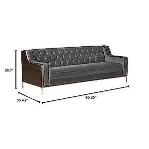 Iconic Home Clark Sofa Button Tufted Velvet Walnut Finish Swoop Arm Wood Frame with Polished Metal Legs, Modern Contemporary, Grey