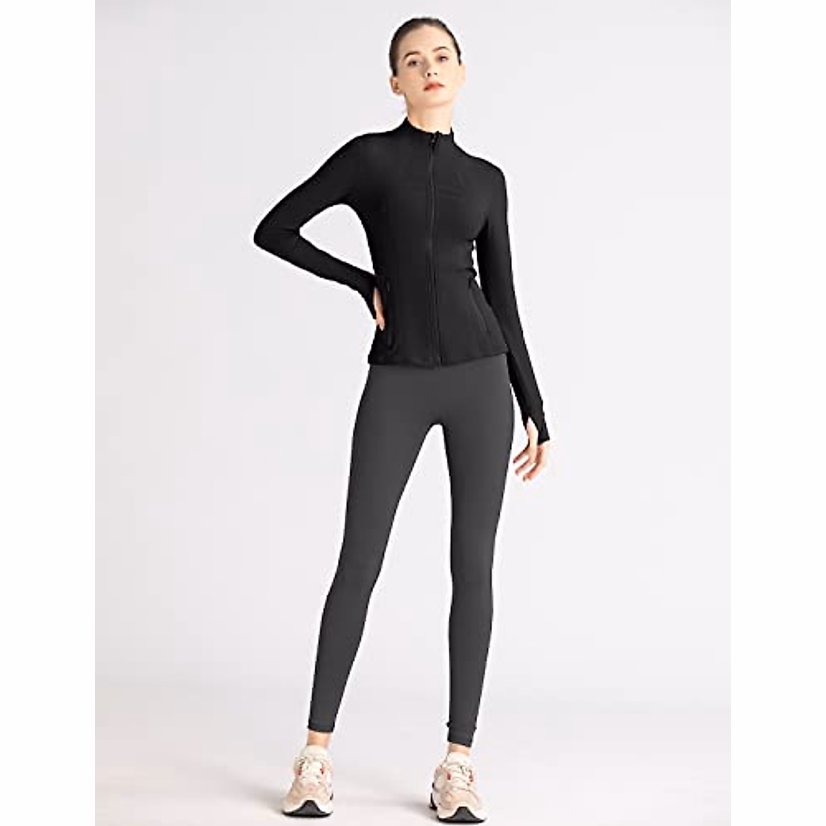 Gacaky Women's Slim Fit Workout Running Track Jackets Full Zip-up Yoga Athletic Jacket with Thumb Holes Black X-Small