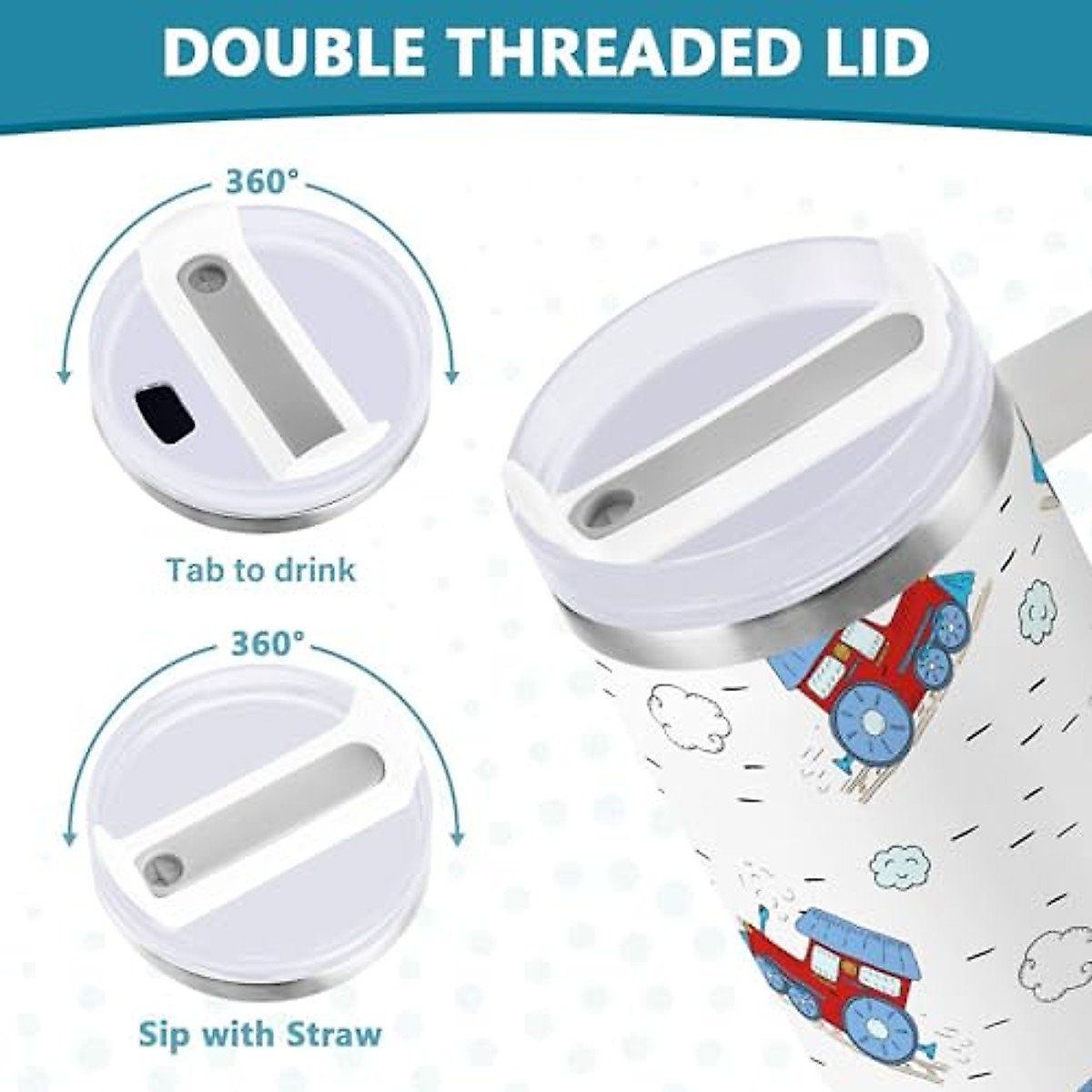 Caikeny Insulated Tumblers with Lid and Straw Cute Hand Drawn Seamless Pattern with Cartoon Trains 40 oz Reusable Stainless Steel Cup Water Bottle Coffee Travel Tumbler Mug for Women Men