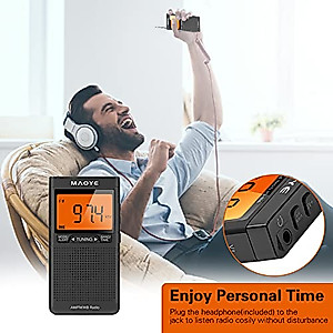 Maoye AM/FM Weather Alert Radio Portable Transistor NOAA Radio with Best Reception Operated by 2 AAA Batteries Big Digital Screen Stereo Earphone Jack Time Setting Pocket Radio (Black)