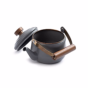 Barebones Enamel Teapot - Vintage Inspired Design - Baked Stainless Steel Rim - FSC Certified Natural Walnut handle Tea Kettle - 1.5 Liters, 6 Cups (Slate Gray)