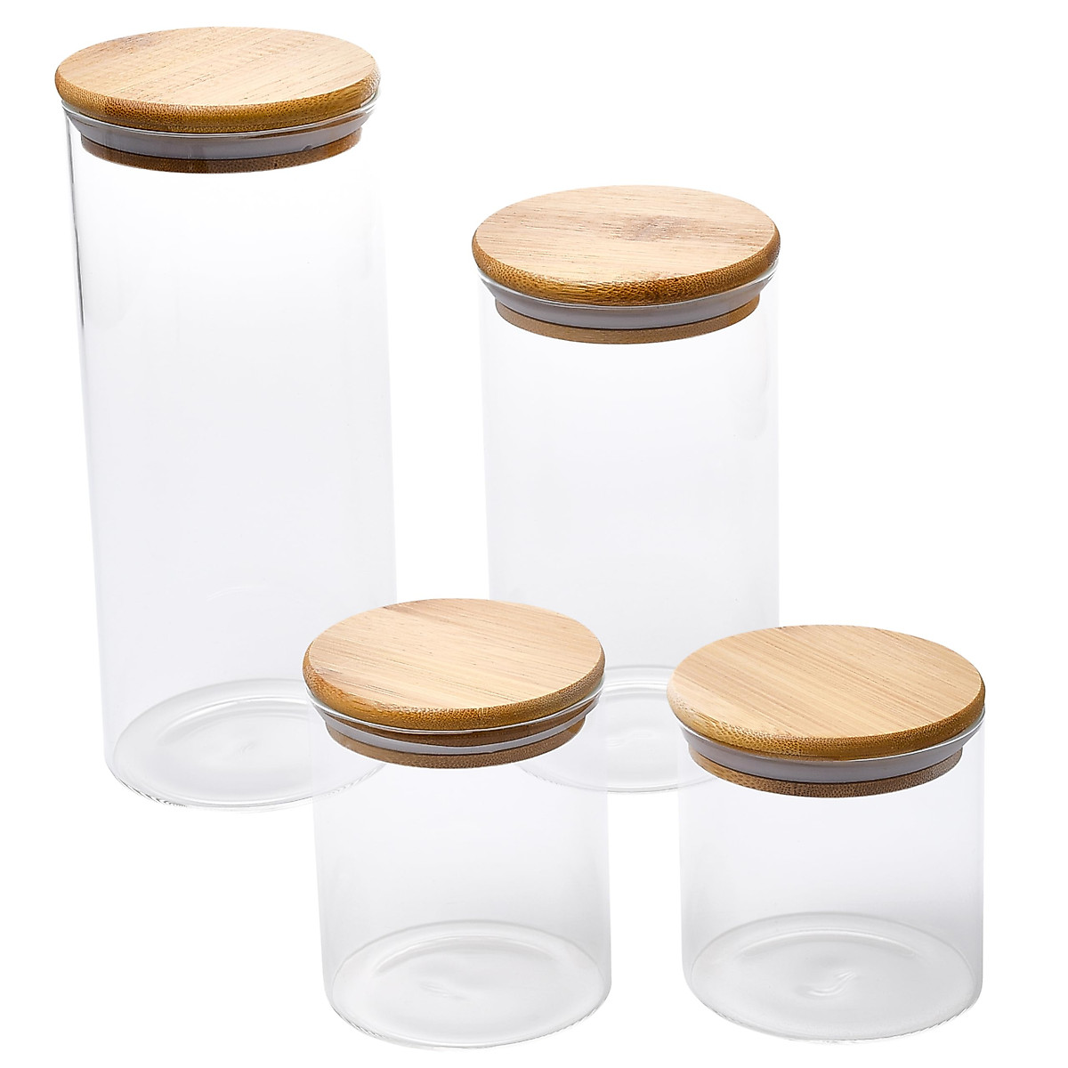 WHOLE HOUSEWARES Glass Jars with Bamboo Lids - 4-Piece Modular Set (33.8oz, 25.4oz, 15.2oz, 11.2oz) with Modern Wooden Lids - Transparent, Fresh & Convenient Air Tight Pantry Storage Containers