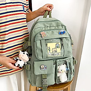 Thanps Kawaii Backpack with Cute Pin Accessories and Plush Pendant Cute Aesthetic Backpacks for School Bag Girl Backpack (Green), 31*13*43cm