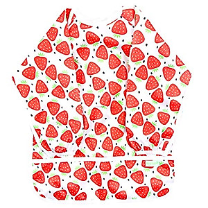 wegreeco Baby Long Sleeve Bib with Pocket, Toddler Leak-Free Bibs with Sleeves (6-24 Months), Washable Baby Shirt Bibs (Strawberry)