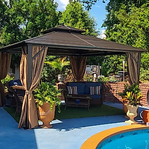 YOLENY 12'x12' Hardtop Gazebo with Galvanized Steel Double Roof, Pergolas Aluminum Frame, Netting and Curtains Included, Metal Outdoor Gazebos for Garden, Patios, Lawns, Parties