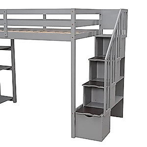 SOFTSEA Twin Loft Bed with Staricase and 4 Storage Drawers Solid Wood Loft Bed with Shelves