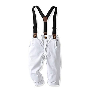 Baby Boys Gentleman Pants Clothing Set Long Sleeves Stripe Shirt+Suspender Pants+Bow Tie Toddler 4Pcs Set (Pink, 4-5T/110)