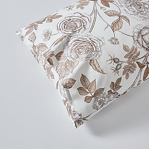 YuHeGuoJi Taupe Botanical Duvet Cover Queen 100% Egyptian Cotton Brown Floral Duvet Cover 3 Pcs Set 1 Farmhouse Flower Duvet Cover with Zipper Ties 2 Pillowcases Rose Plant Bedding Set Soft