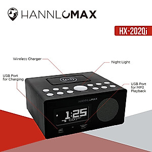 HANNLOMAX HX-202Qi Alarm Clock Radio, Wireless Charging, Bluetooth, 10W Output Power, Dual USB Ports for Charging and MP3 Playback, Temperature, Nightlight, Time Zone, Aux-in. (Black)