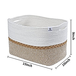 RITHLELA Woven Baskets 15"x10"x9" Cotton Rope Cube Storage Baskets Set of 3 Decorative Baskets Closet Cloth Storage Baskets and Bins for Shelves with Handles for Blanket, Laundry, Clothes - Light Tan