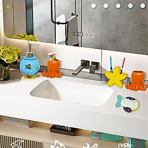 Decorative Bathroom Accessories Set for Kids, Vanity Organizers Including 2 Octopus Tumblers, 1 Clownfish Soap Dish, 1 Starfish Toothrush Holder and 1 Ocean Soap Dispenser