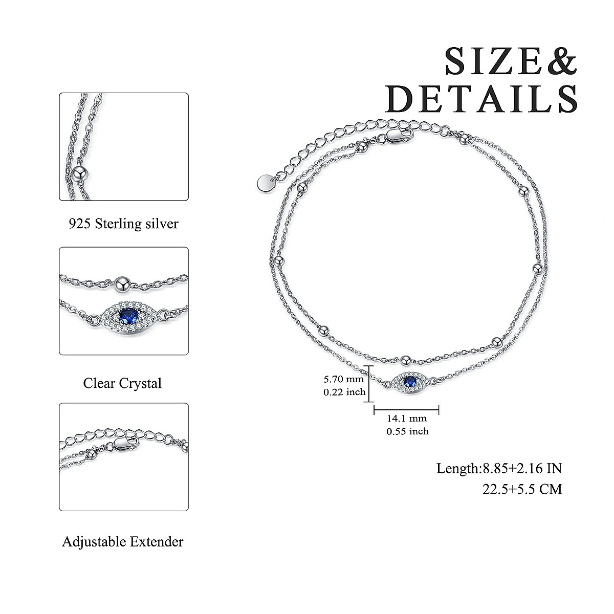 POPLYKE 925 Sterling Silver Evil Eye Anklets Double Layered chain for Women birthday gifts Summer Beach dainty Jewellery