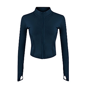 Tanming Women's Full Zip Seamless Workout Jacket Running Yoga Slim Fit Track Jacket (Navy-M)