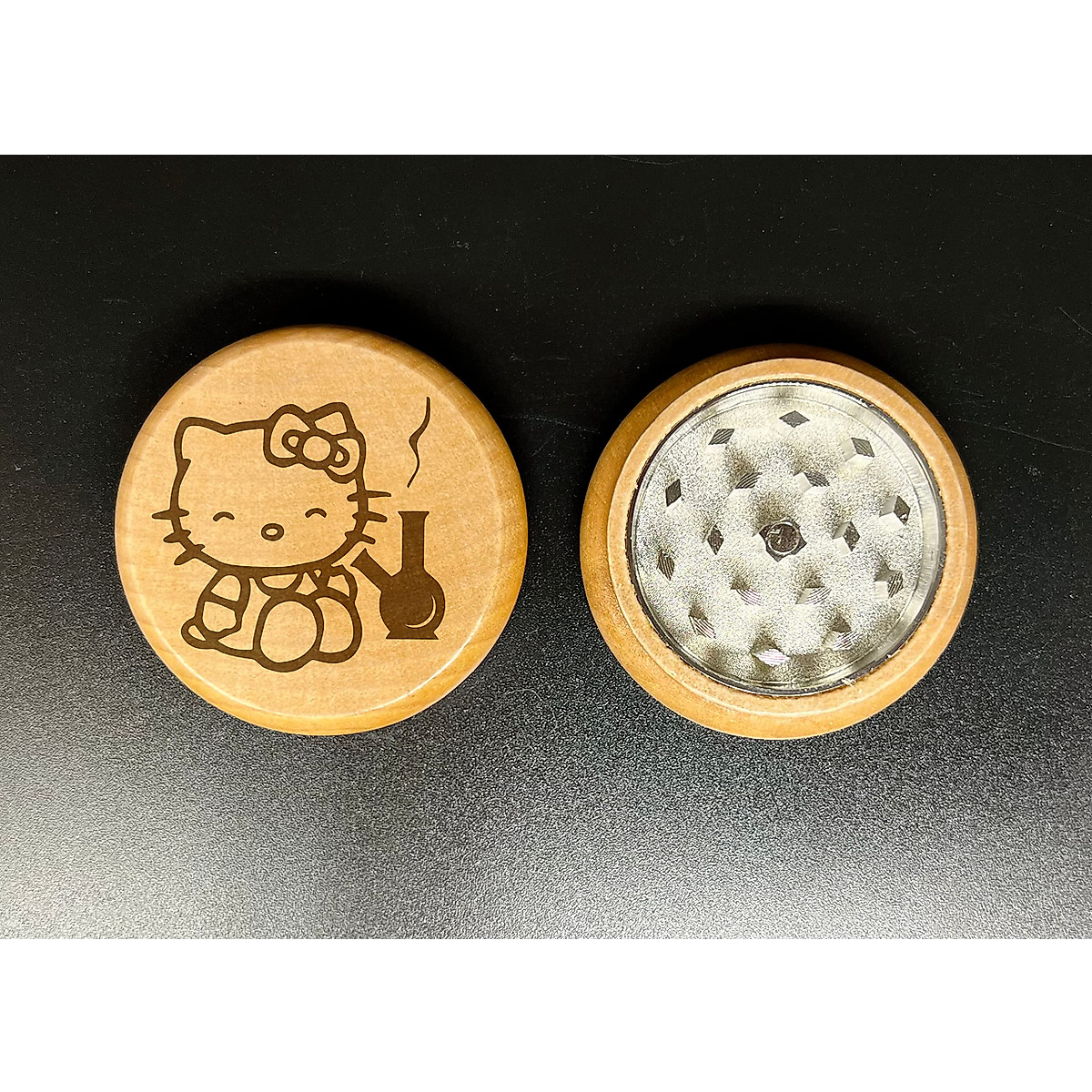 2 inch 2 Piece Laser Engraved Wood Herb Spice Coffee Custom Crusher (Kitty Cartoon Hello)