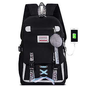 HANXIUCAO Girls Backpack Teen Rucksack Large Capacity Female College Student Locked Schoolbag Anti-Theft Backpack with USB Charging Port (black)