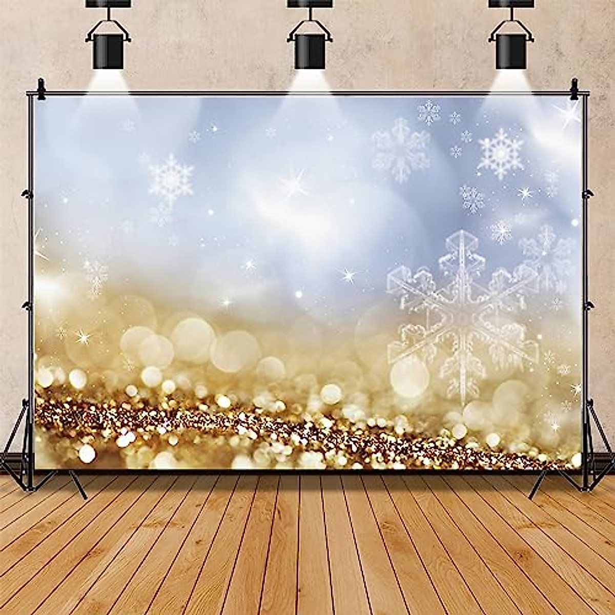 AOFOTO 5x3ft Winter Merry Christmas Photography Backdrop Gold Bokeh Snowflake Indoor Decorations Adults Baby Shower Portrait Birthday Wedding Party Carnival Decoration Newborn Photo Studio Props