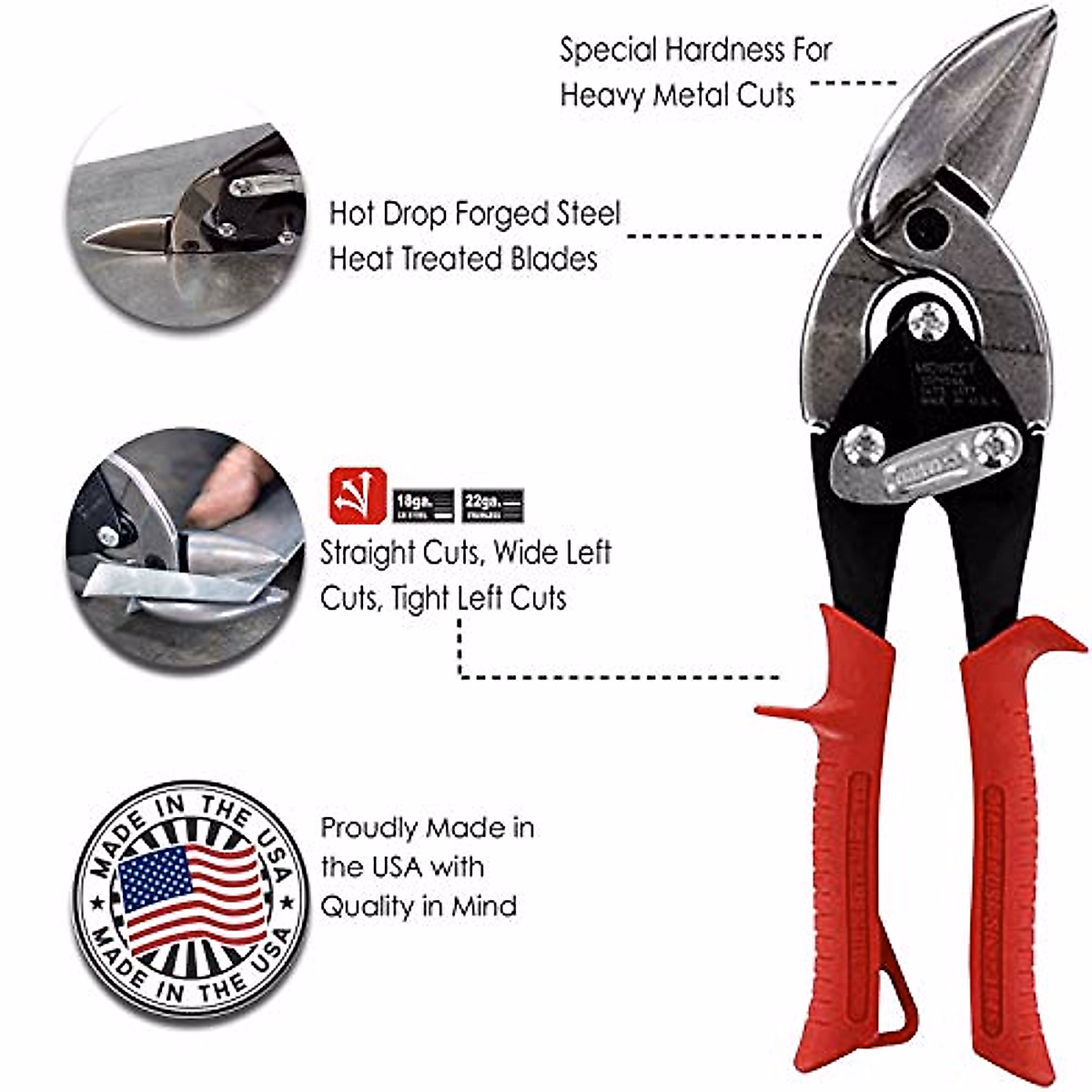 MIDWEST Special Hardness Aviation Snip - Left Cut Offset Stainless Steel Cutting Shears with Forged Blade & KUSH'N-POWER Comfort Grips - MWT-SS6510L