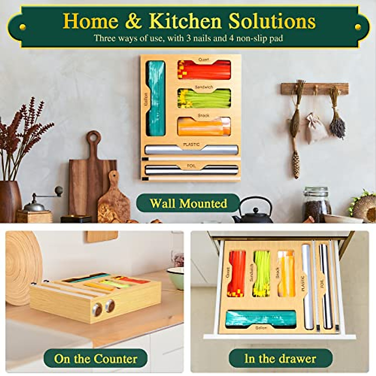 KOCWELL Ziplock Bag Organizer and Plastic Wrap Dispenser with Cutter, 6 In 1 Bamboo Foil and Plastic Wrap Organizer for Kitchen Drawer, Food Storage Bag Organizer for Gallon,Quart,Sandwich,Snack