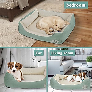Kphico Pet Bed,25 Inch Rectangle Dog Bed with Non-Slip Bottom and Supportive Side Wall,Removable Washable Side Square Dog Bed for Indoor Medium Dog and Large Cats-Beige Green