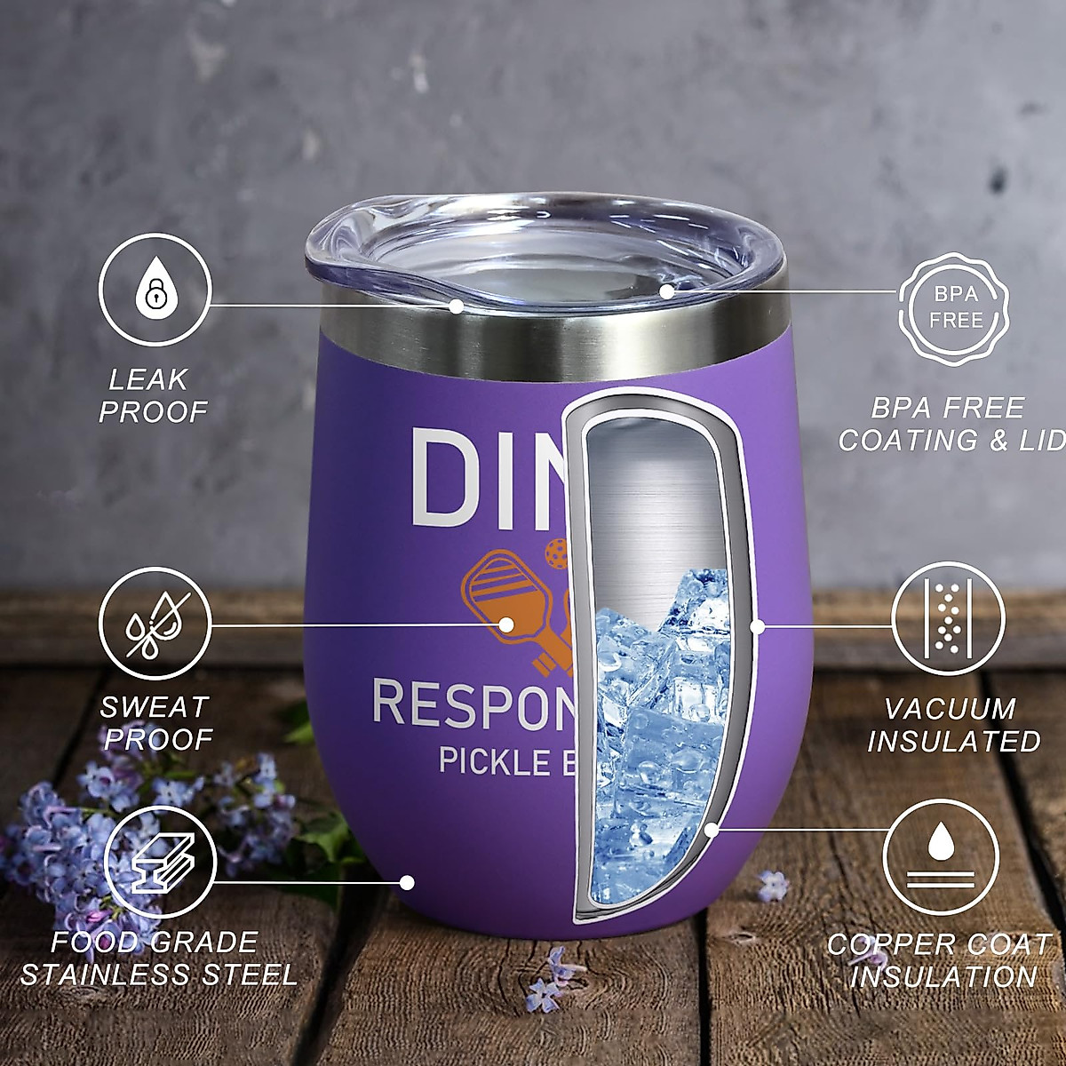 LiqCool Pickleball Gifts, Pickleball Gifts for Women, Dink Responsibly Pickleball Wine Tumbler With Lid, Pickle Ball Gifts Women on Christmas Birthday Retirement Mother's Day(12Oz PU)