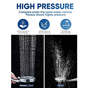 Pavezo High Pressure Shower Head Handheld 5" Large, Extra Long 72" SS Hose 10-mode Portable Detachable Shower Head with Hard Water Filter for Bathroom, Anti-clog & Powerful to Clean Tile & Pets
