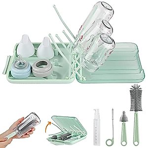 Bottle Brush Set -Baby Travel Essential-6 in 1 Bottle Cleaner Kit with Silicone Bottle Brush,Nipple Cleaner Brush,Straw Brush,Soap Dispenser,Storage Box,Bottle Drying Rack for Home and Travel(Green)