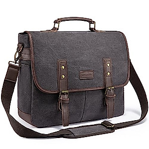 LOVEVOOK Messenger Bag for Men, 15.6 Inch Waterproof Canvas Briefcase Vintage Faxu Leather Computer Laptop Book Bag Large Satchel Shoulder Tote Bag for Work, Travel, School