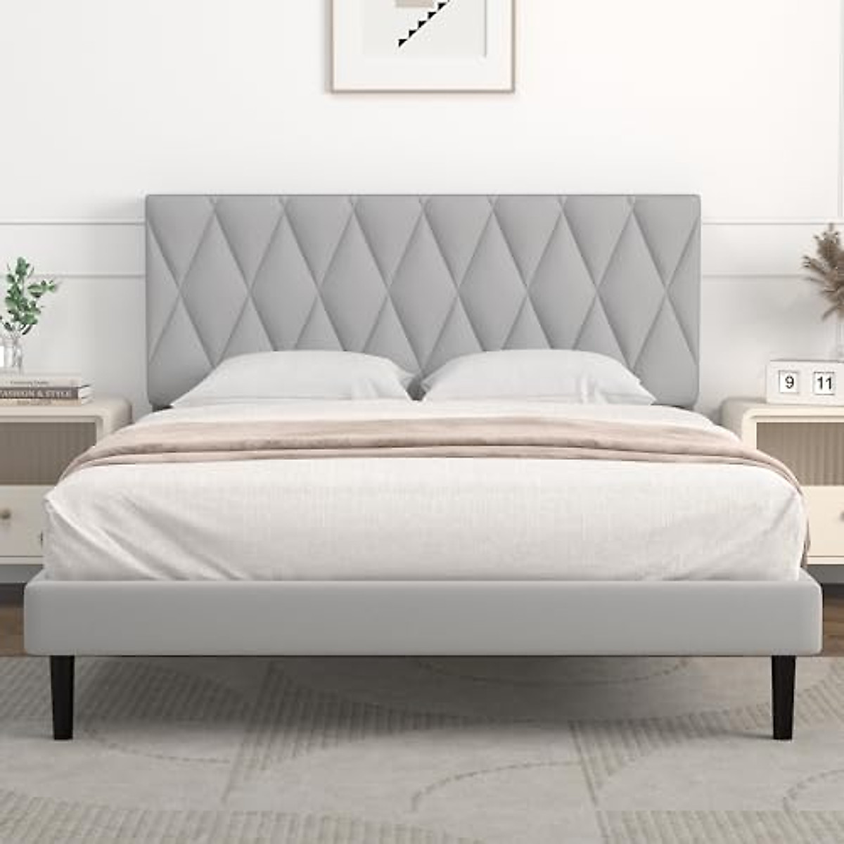 IYEE NATURE Queen Bed Upholstered Platform with Headboard and Strong Wooden Slats, Strong Weight Capacity, Non-Slip,No Box Spring Needed, Easy Assembly,Gray