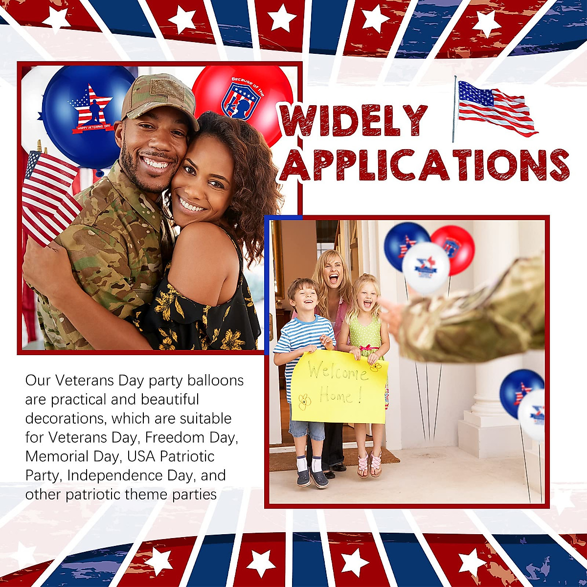 60 Pieces Veterans Balloons White Red and Blue Balloon Latex Happy Day Printed American Flag Thank You Party Supplies Favor for Memorial USA Patriotic Party, Blue,white,red