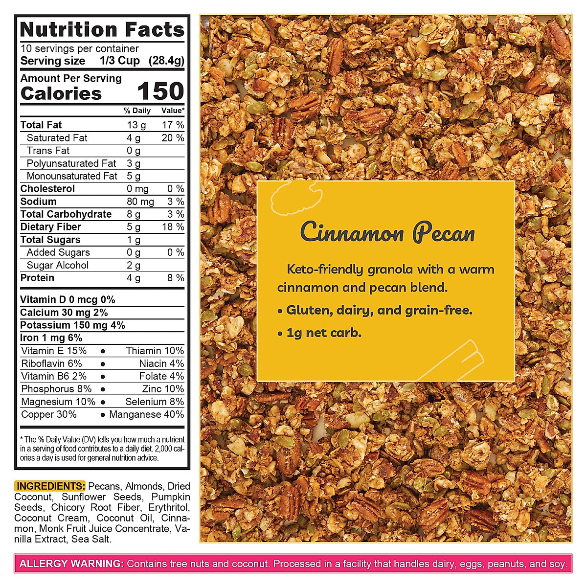 TGB Cinnamon Keto Granola | 1g Net Carb Cereal | Gluten Free Low Carb Nut Snack, 10 Ounces