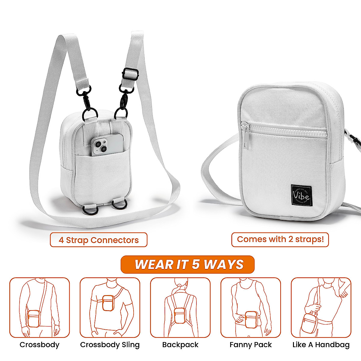 Vibe Festival Gear Small Crossbody Sling Bag for Women Men 5in1 Multi-Use from (rPET) Recycled Polyester Belt Bag Cross Body Backpack Fanny Pack Purse - White