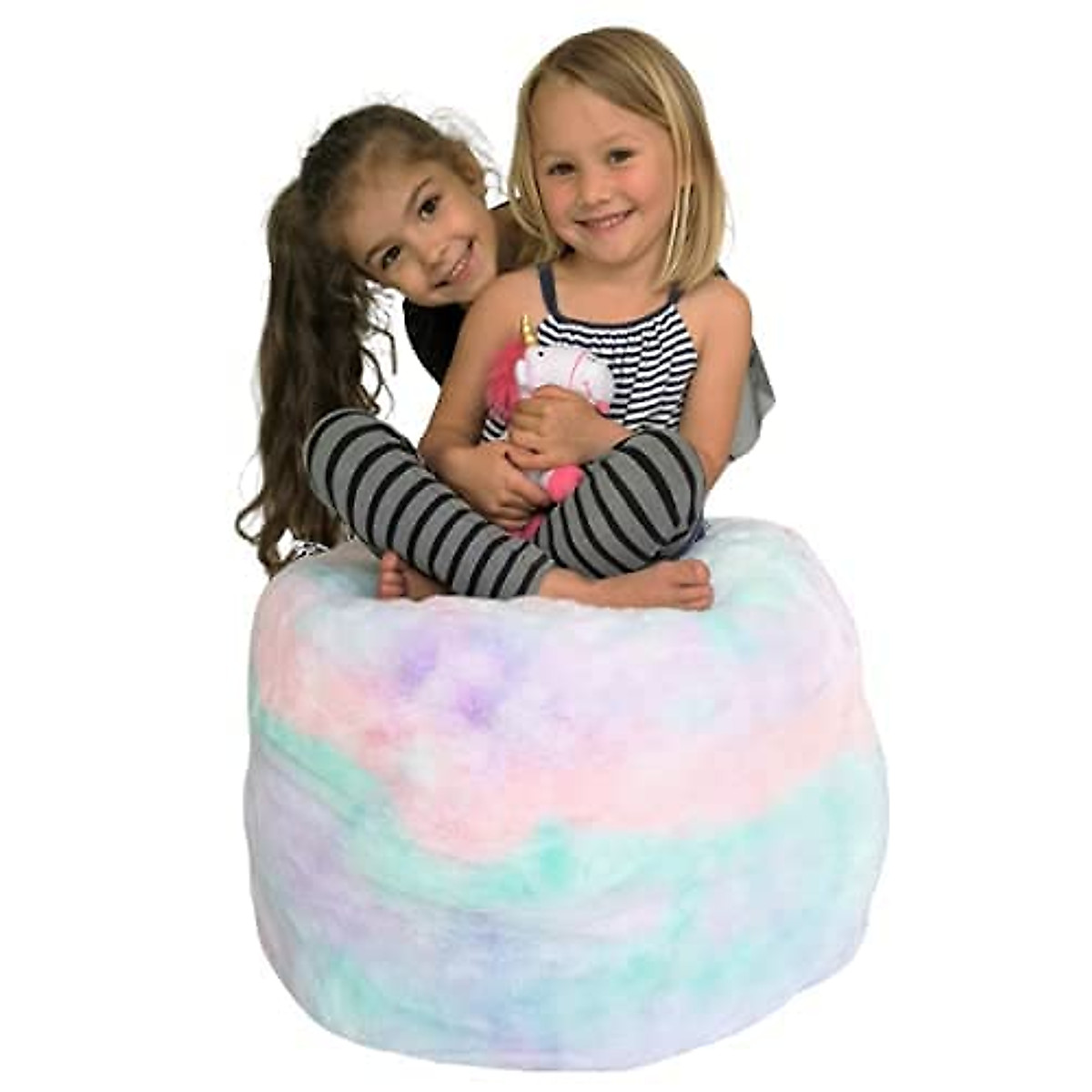 MiniOwls Plush Toy Storage Solution (Cover, Unfilled) - Rainbow Furry Bean Bag - Soft Teddy Faux Fur Organizer with a Zipper. Pouf 20x20x15 Contemporary Accent Ottoman (Unicorn, Medium)