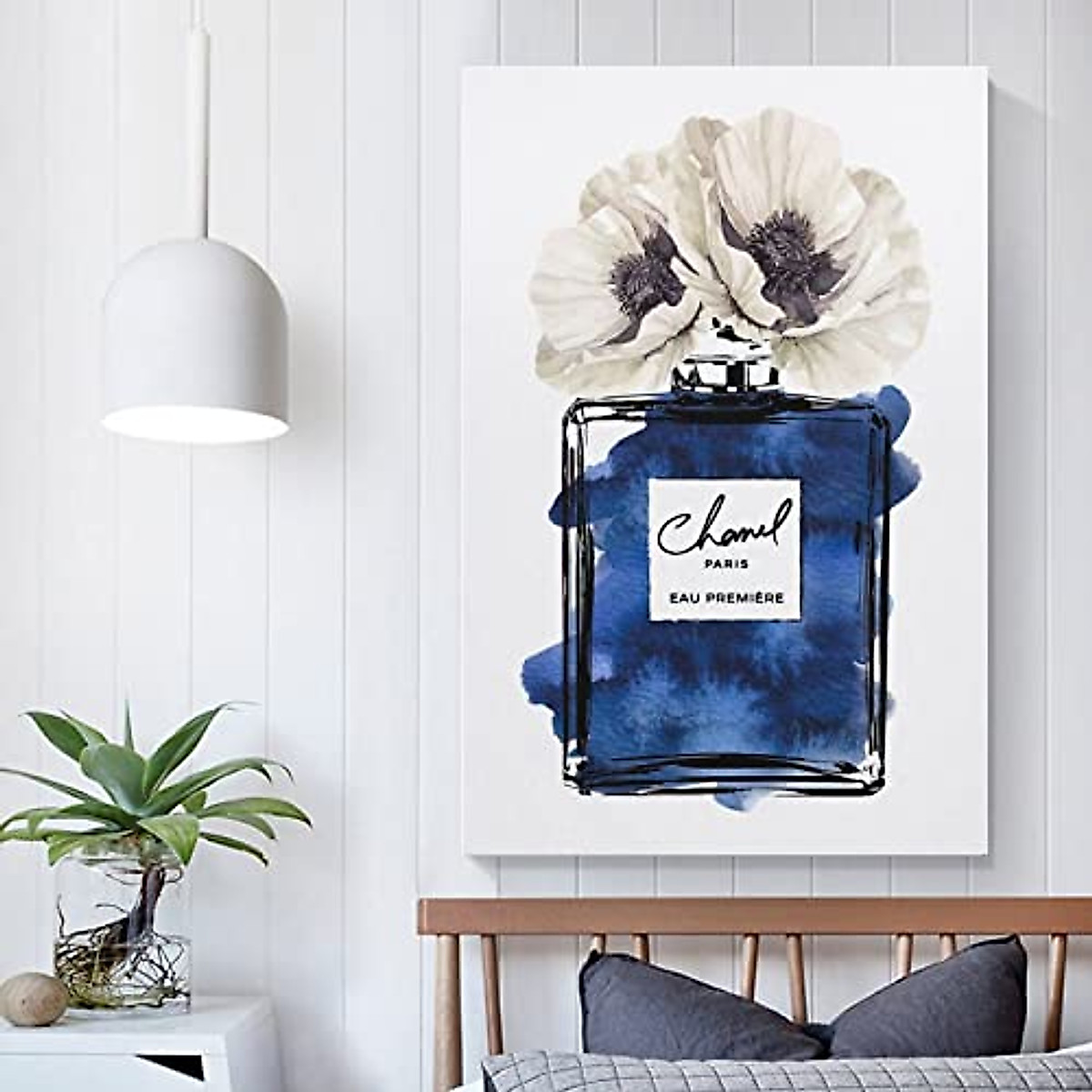 Fashion CHANEL Perfume Bottle With Blue & White Poppy Flower Canvas Print Poster Poster Modern Office Family Bedroom Wall Art Decorative Picture Posters Room Aesthetic Decor Painting Canvas Gift 12x18inch(30x45cm)