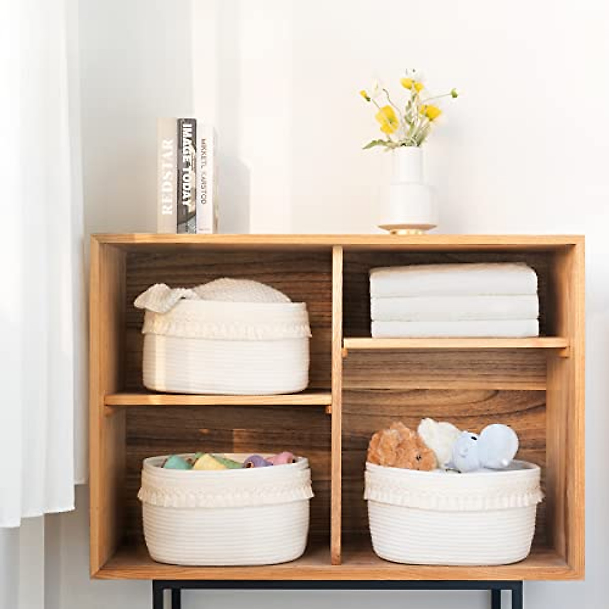 Mkono 3 Pack Storage Baskets Bins for Shelves Boho Toys Organizer Decor Small White Woven Cotton Rope Basket with Macrame Tassels Books Towel Storage for Bedroom Nursery Living Room, 13" x 8.6" x 7.8"