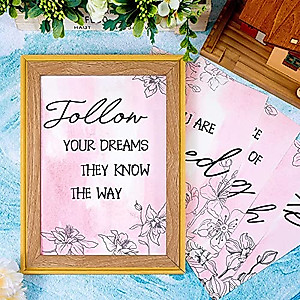 9 Pieces Inspirational Wall Decor Pink Floral Modern Art Motivational Pink Wall Decor Room Decor for Women Quote Wall Art Poster for Teen Girl Nursery Bedroom Bathroom Pictures, 8 x 10 Inch Unframed
