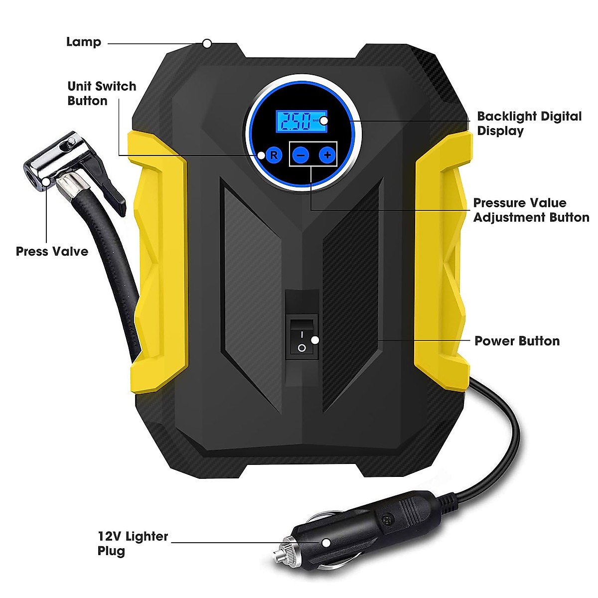 Digital Air Compressor for Car Auto Pump Portable Tire Inflator with LED Light DC 12V